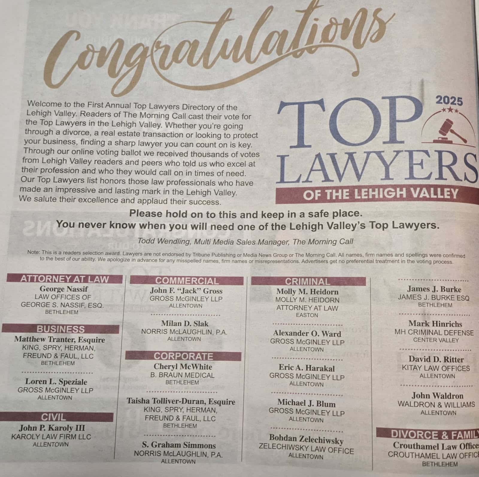 Attorney David D. Ritter Named 2025 Top Lawyer of the Lehigh Valley for ...